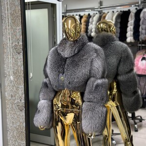 Exclusive Natural Silver Fox Fur Woman Bomber Jacket Real Fox Fur ...