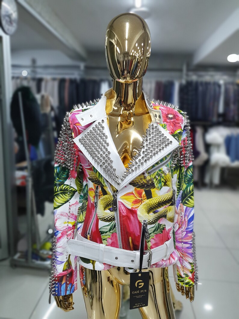 New Model Stones Leather Woman Jacket Philip Plein Printed Jacket Lamb ...
