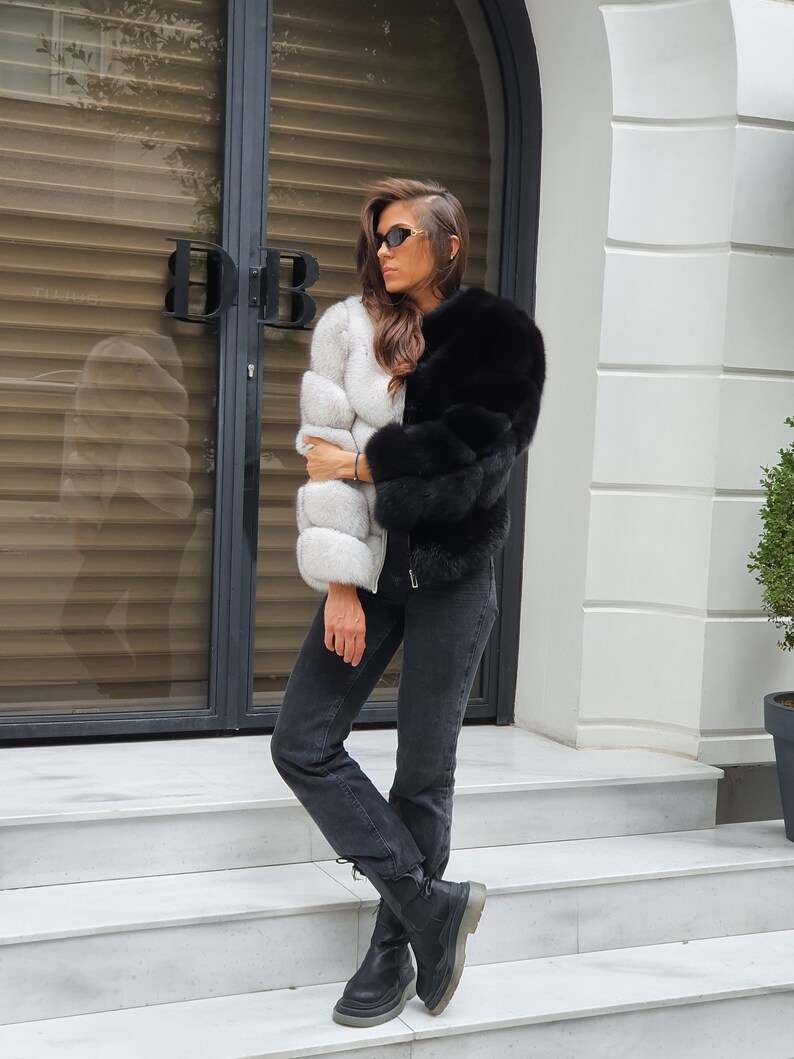 Exclusive Black and White Mix Colour Luxury Real Fox Fur Jacket Genuine ...