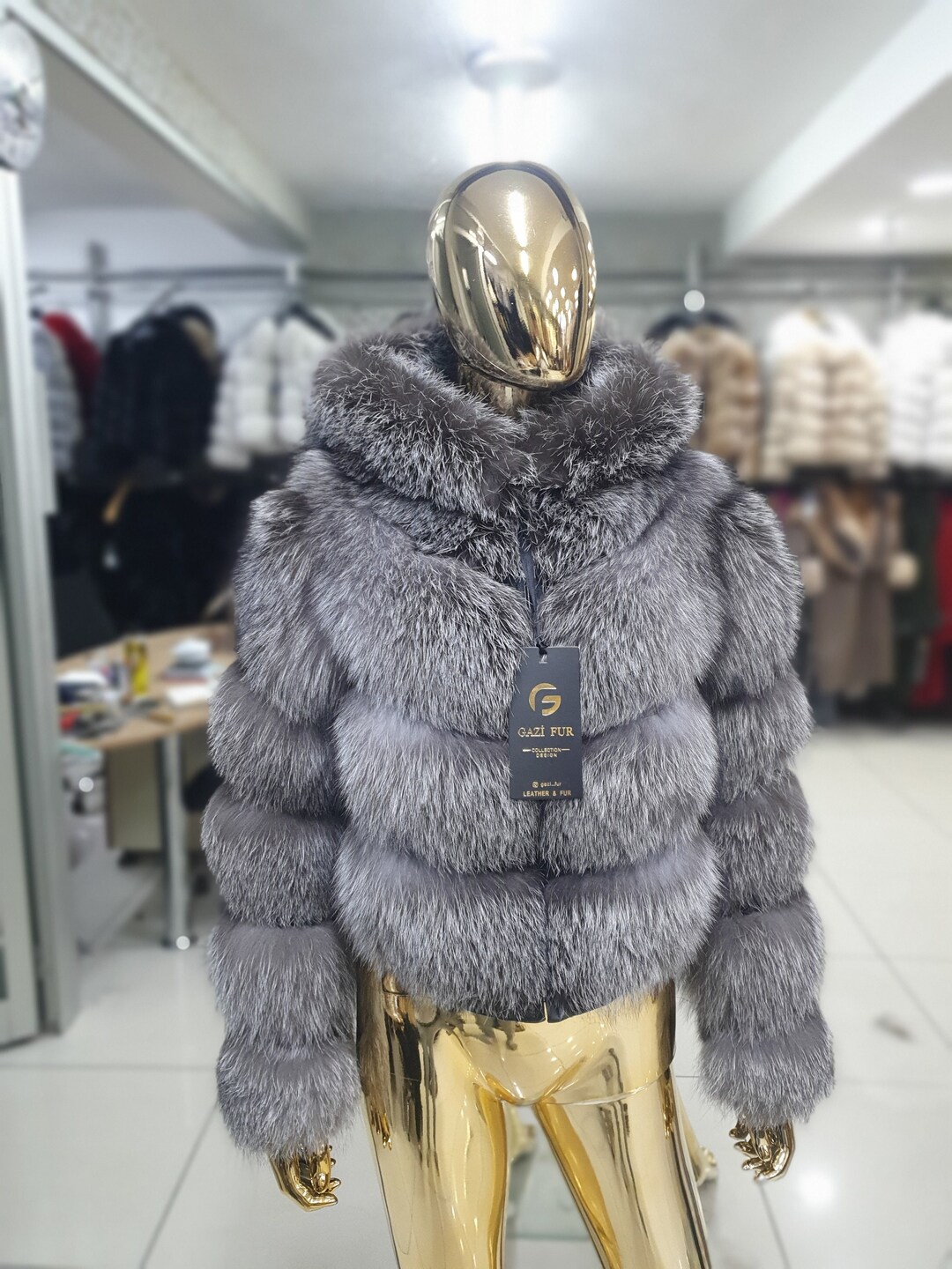 Natural Silver Hooded Fox Fur Jacket Short Model Real Fox Fur Genuine ...
