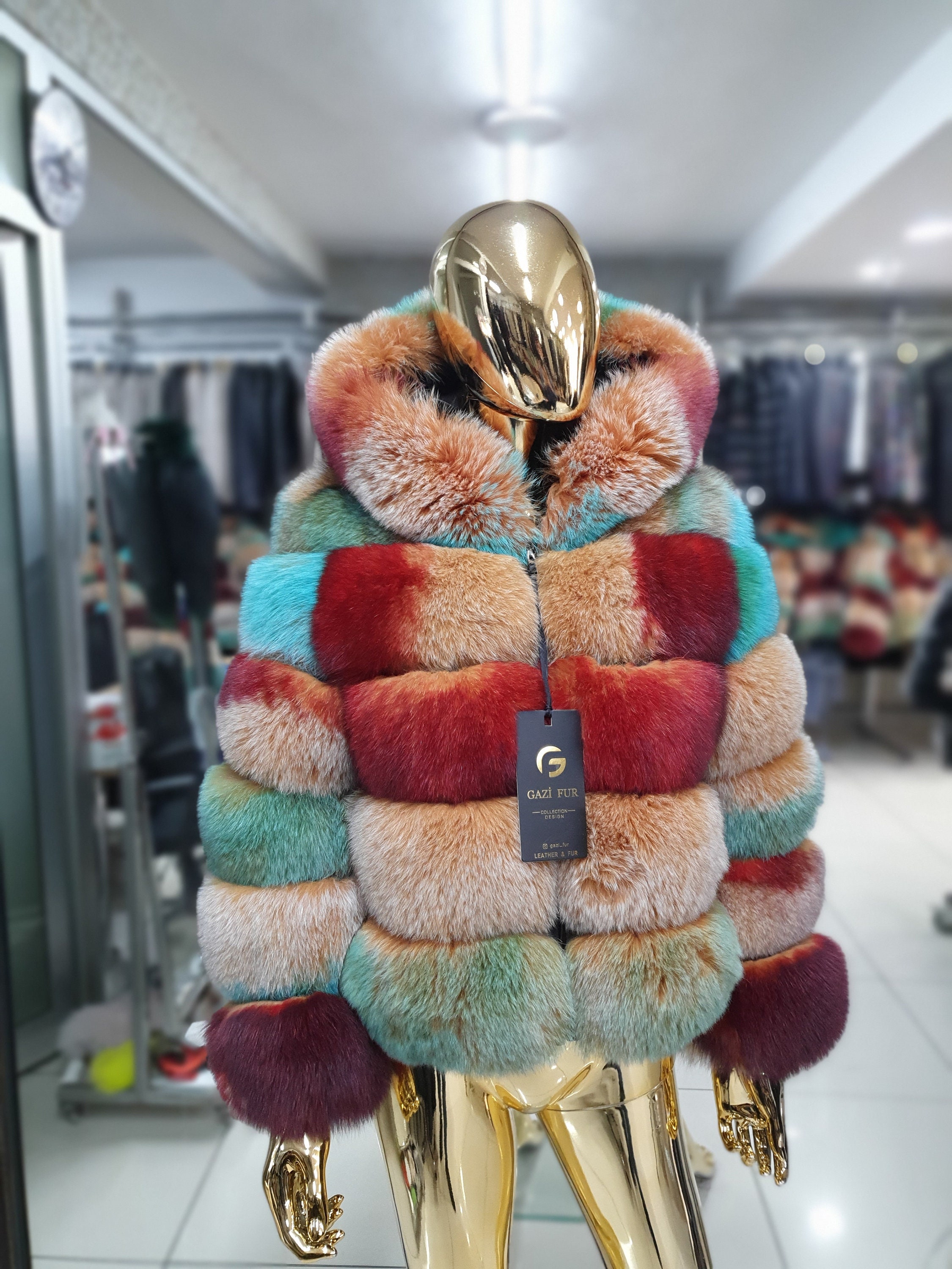 Exclusive Special Rainbow Colorful Fox Fur Coat Hooded Genuine Original ...