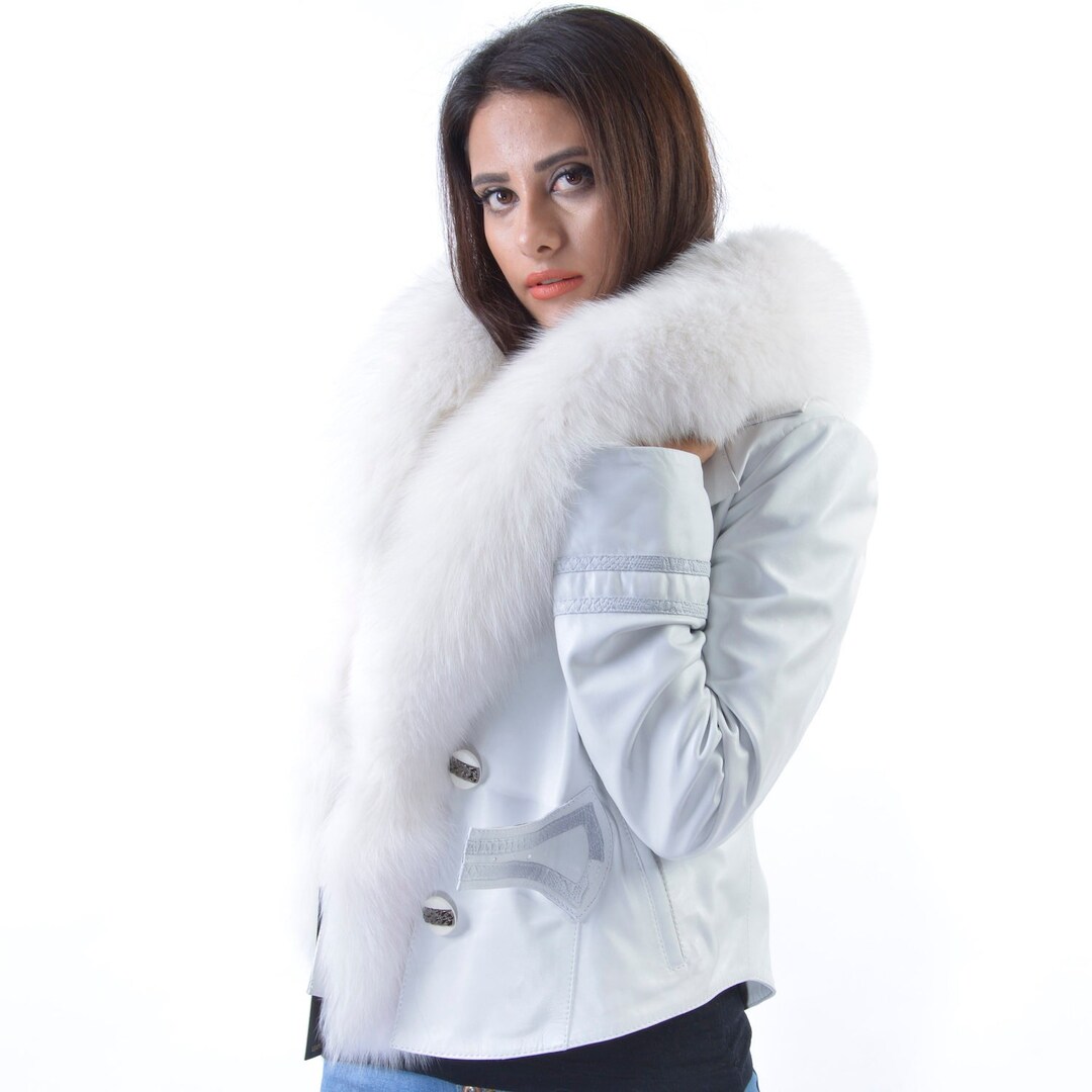 White Real Leather Jacket With White Fox Skin Real Leather Jacket Woman ...