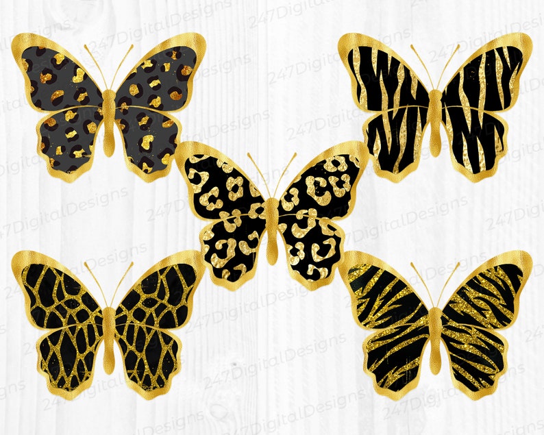 Gold Glitter Butterfly Clipart Png Digital Leopard Yellow - Etsy