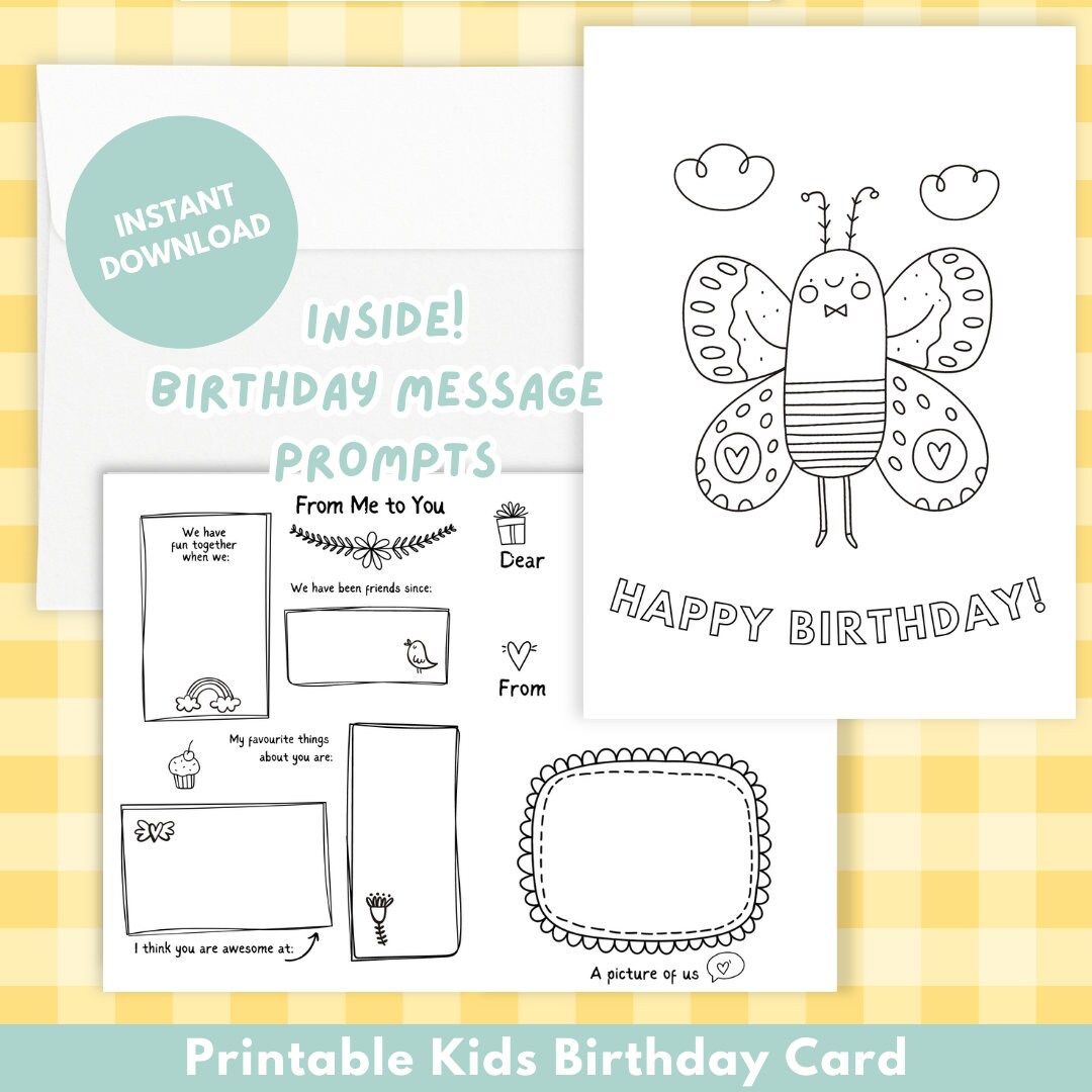 Birthday Message, Cute Printable Kids Birthday Card, Colouring Birthday ...