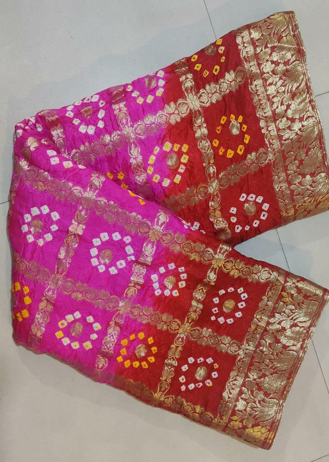 Red Rani Color Saree Jaipuritraditional Handwork Bandhani Sari Wedding ...