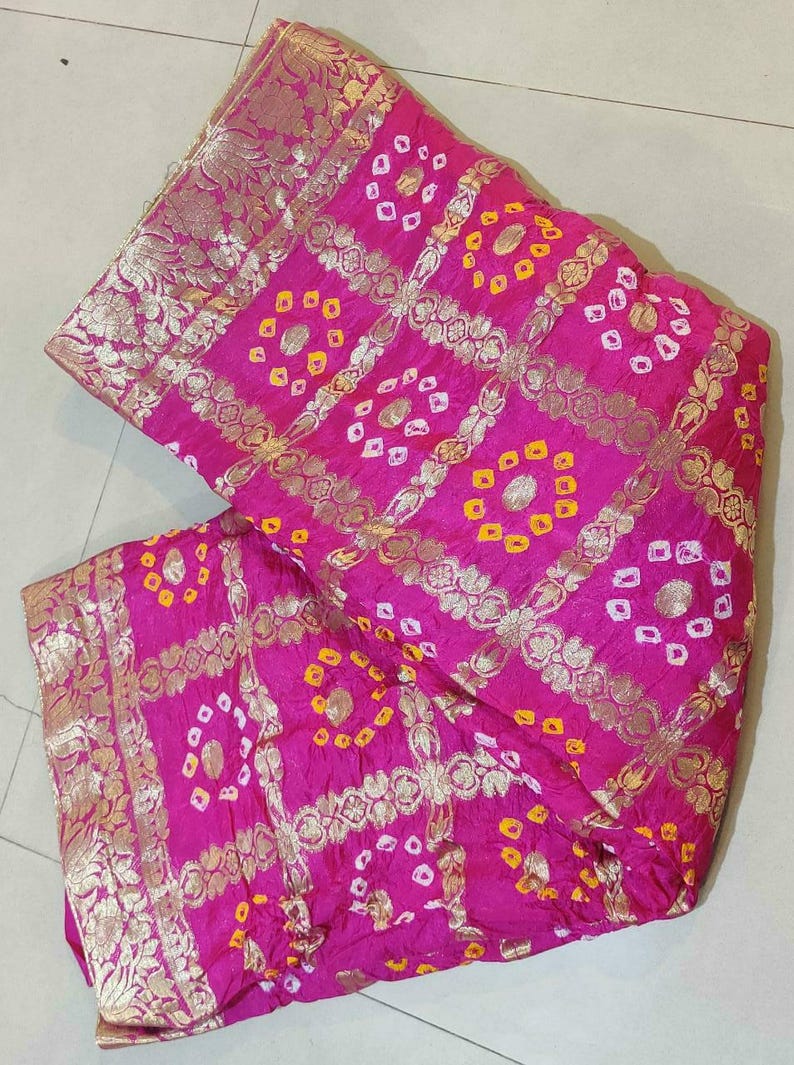 Banarasi Zari Ghatchola Bandhani Saree: Rani Color, Free Fall Piko - Etsy