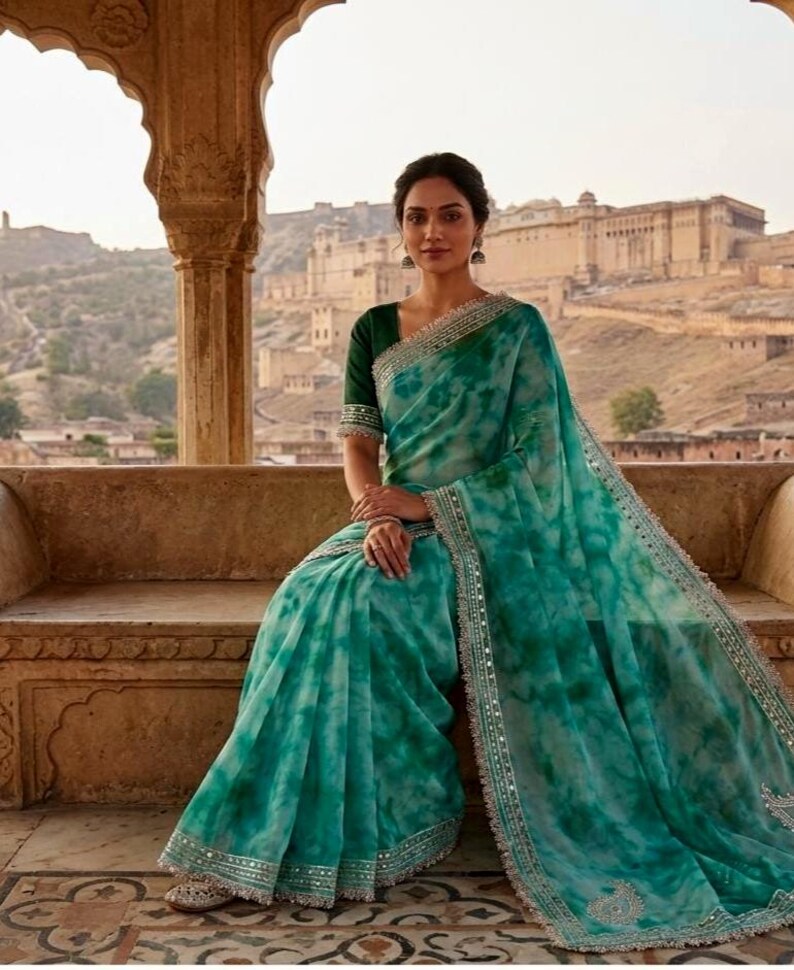 Handcrafted Green Gota Patti Pearl, Stone Work Traditional Jaipuri ...