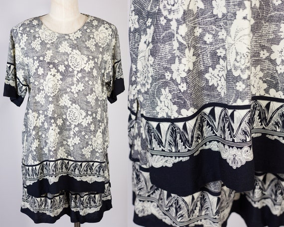 Vintage Black and White Floral Matching Short Set - Gem