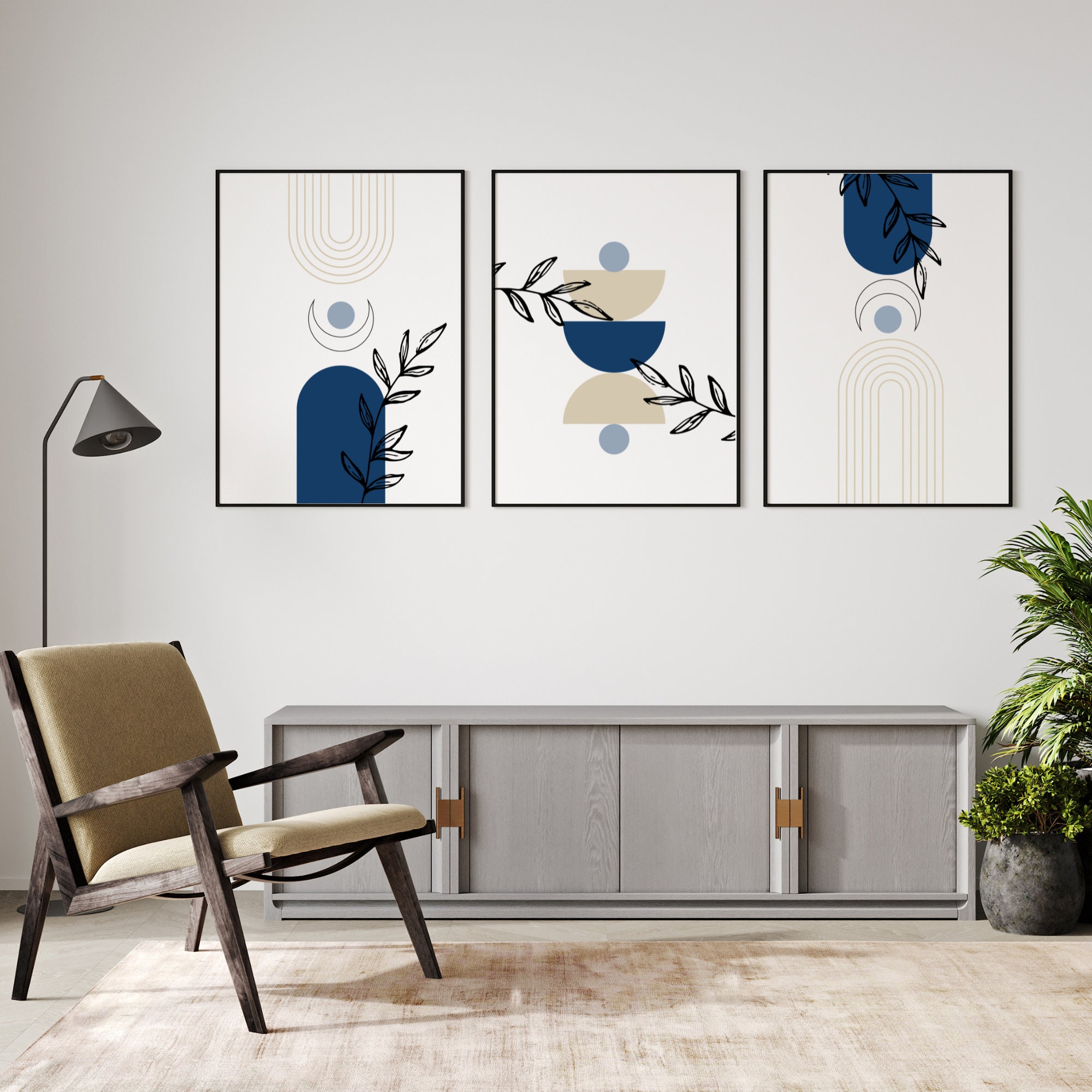 Boho Art Print, Set of 3, Botanical Wall Art, Blue Boho Wall Art, Blue ...