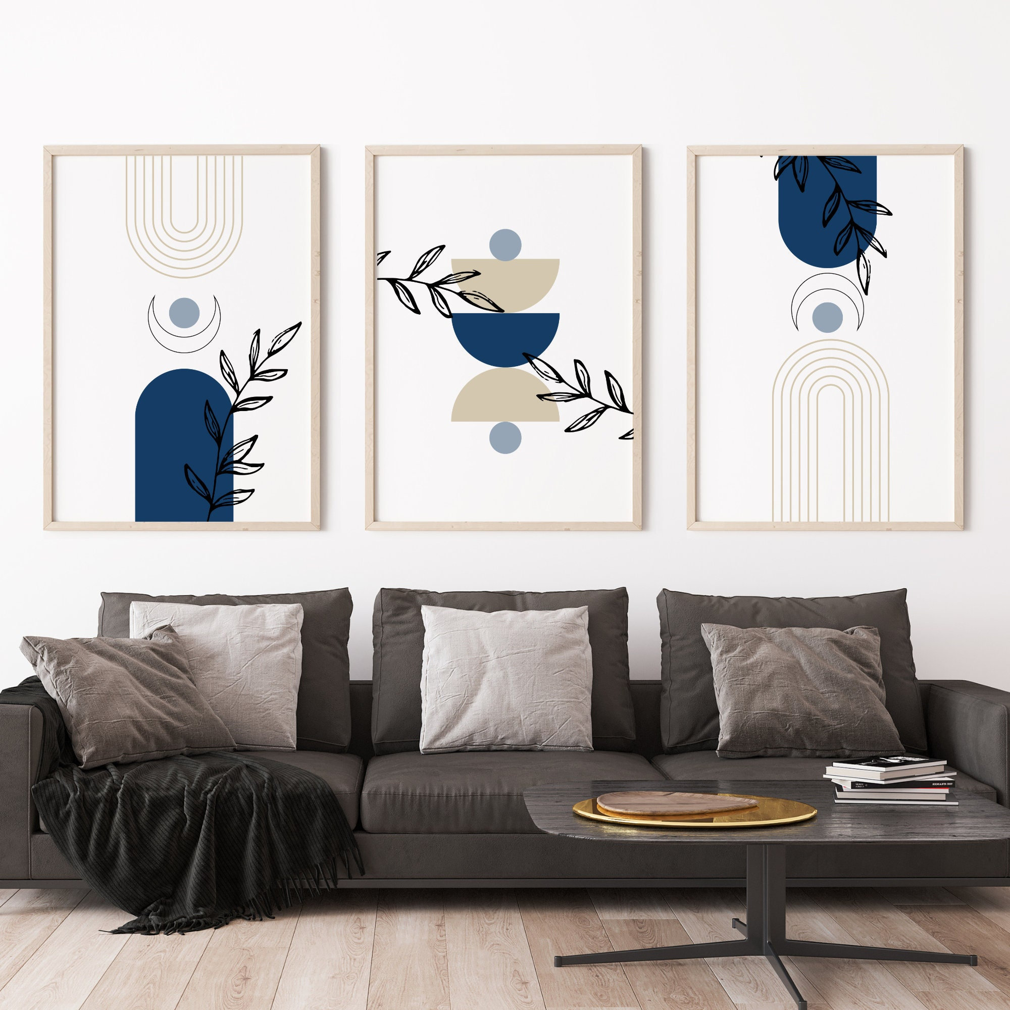 Boho Art Print, Set of 3, Botanical Wall Art, Blue Boho Wall Art, Blue ...