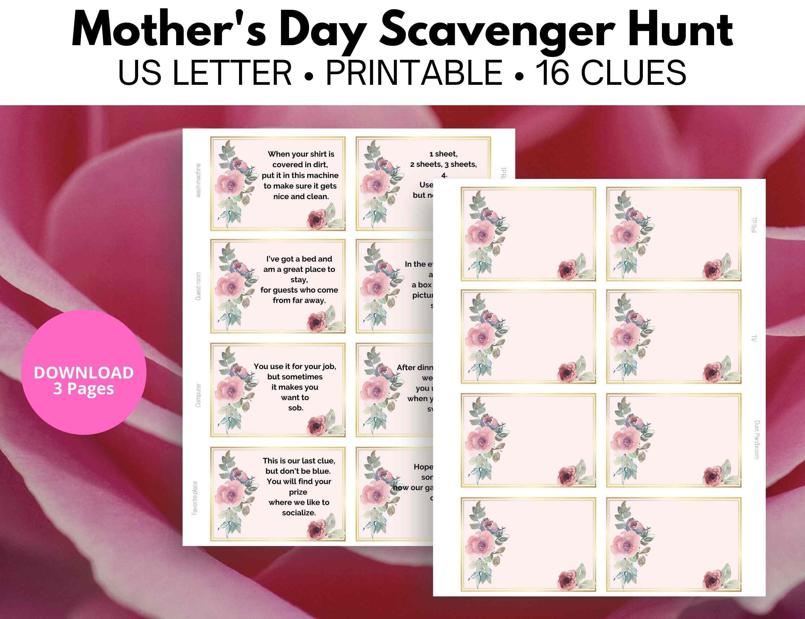 Mother's Day Scavenger Hunt - 16 Clue Cards, 8 Blank Cards. Fun Game ...