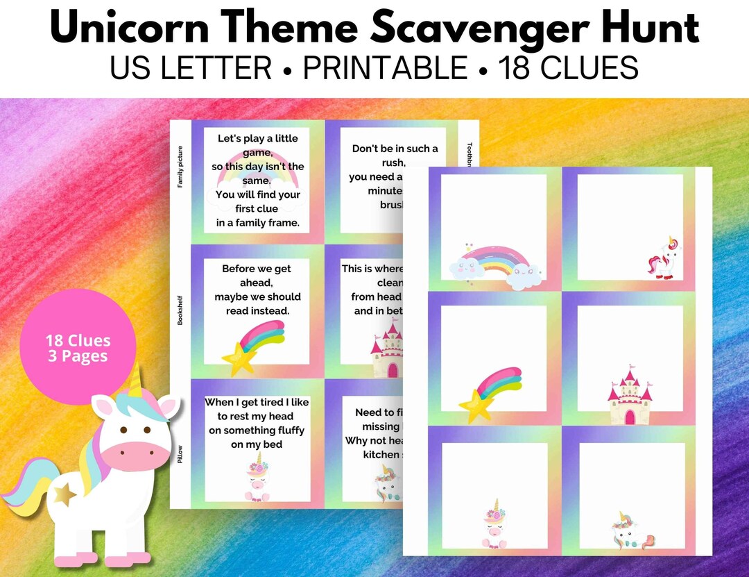 Unicorn Theme Indoor Scavenger Hunt - 18 Clues, Includes Blank Cards ...