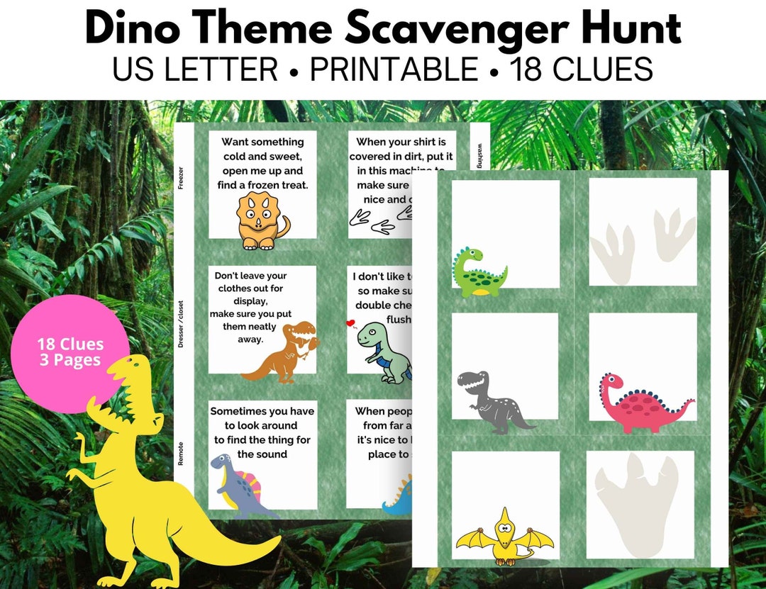 Dinosaur Theme Indoor Scavenger Hunt - 18 Clue Cards, 3 Pages Blanket ...