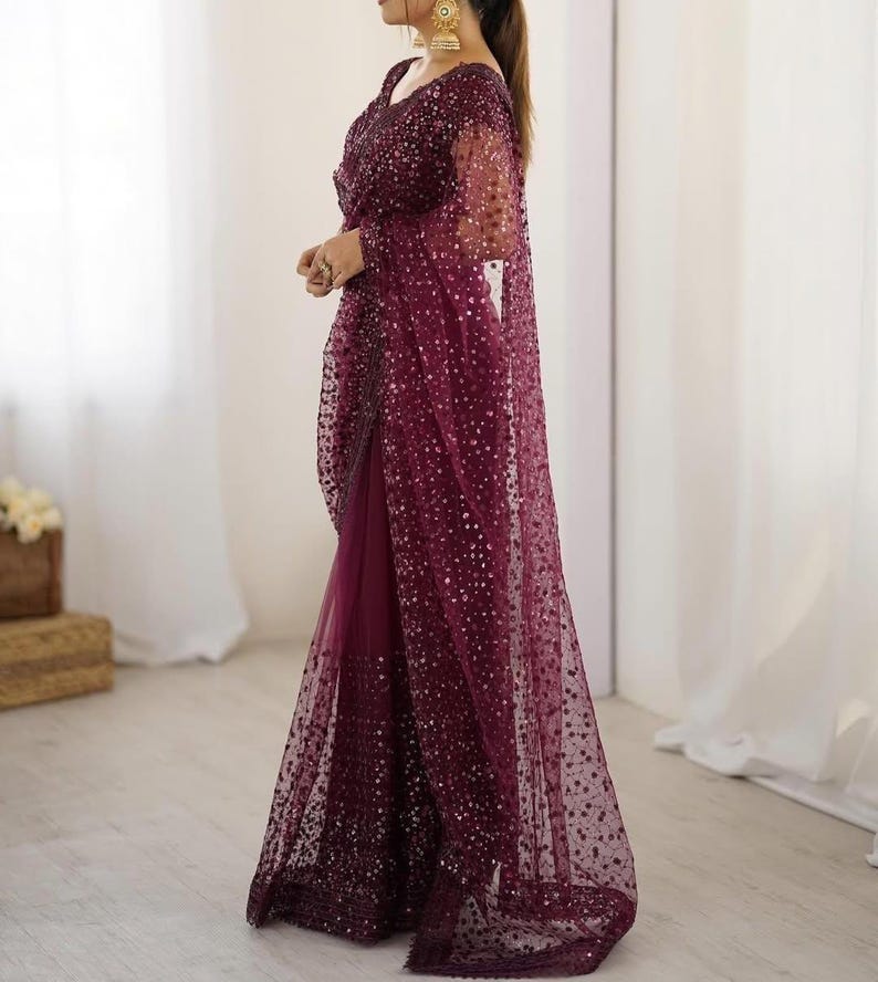 Net Saree With Sequins and Dori Work With Unstitched Net Blouse Sequins ...