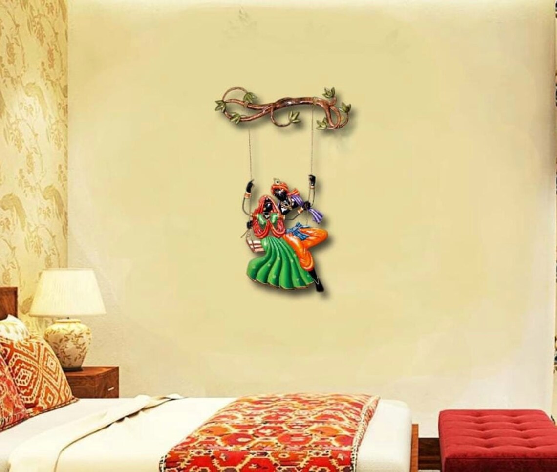 Wrought Iron Metal Cut Handcraft Wall Hanging Radha Krishna Swing on ...