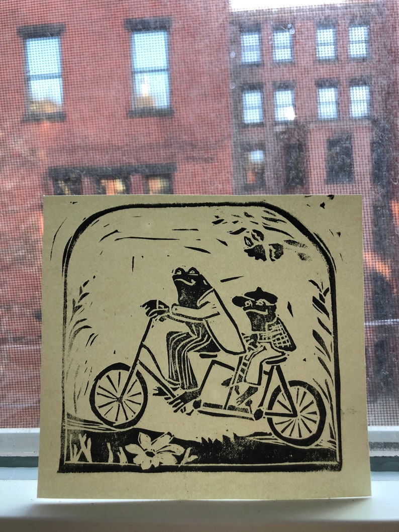 Frog & Toad Bicycle Woodblock Print - Etsy