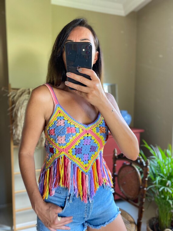 Colorful Fringed Crochet Crop Top Boho Tank Topcrochet Tank Etsy
