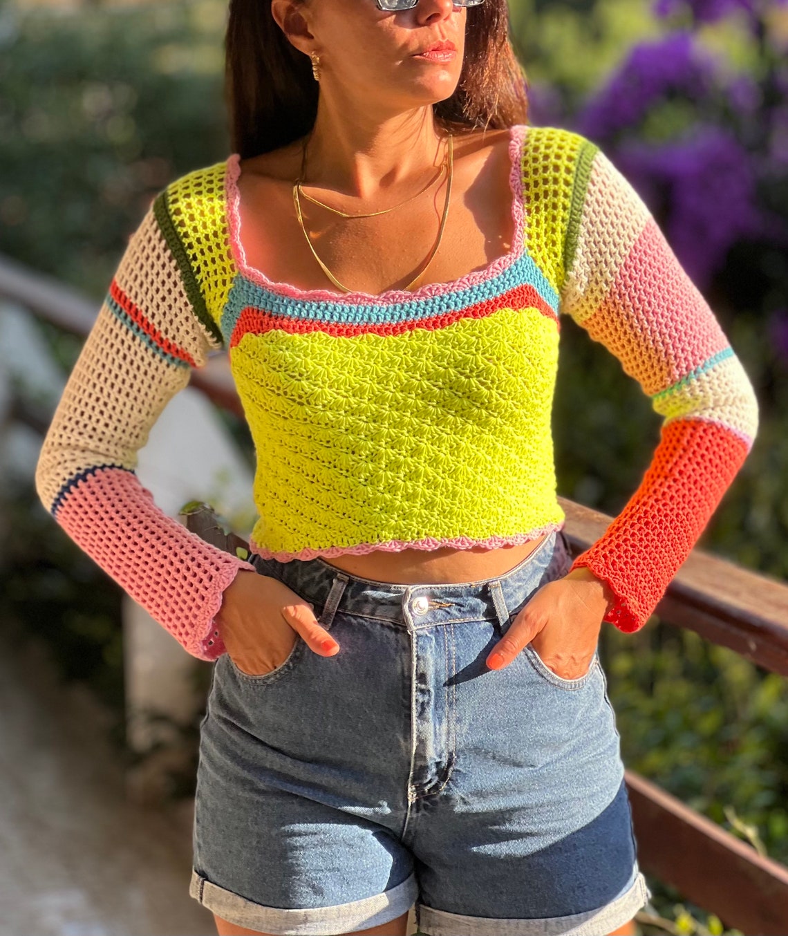 Colorful Crochet Crop Toplong Sleeve Cropcrochet Festival - Etsy
