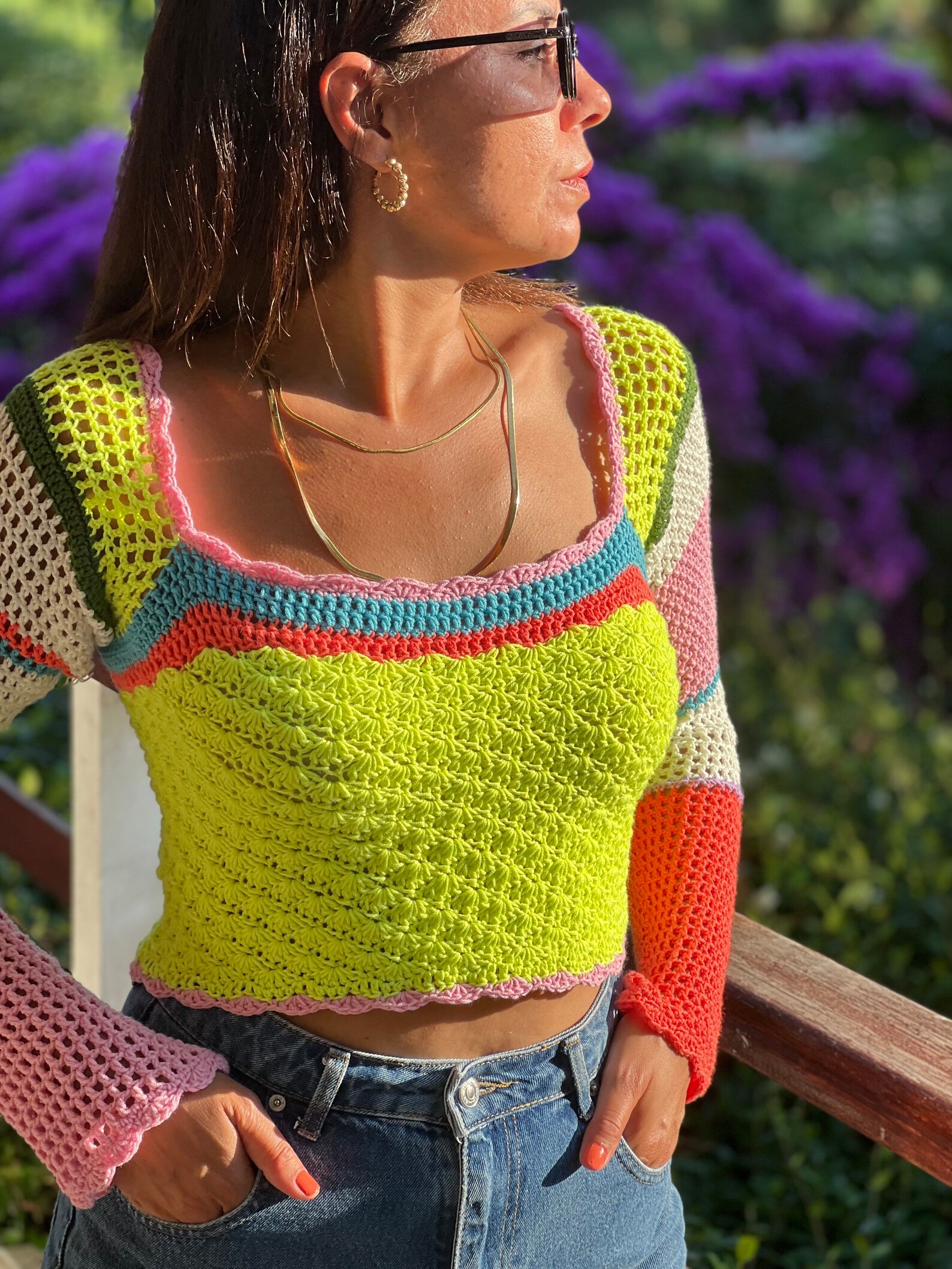Colorful Crochet Crop Toplong Sleeve Cropcrochet Festival - Etsy