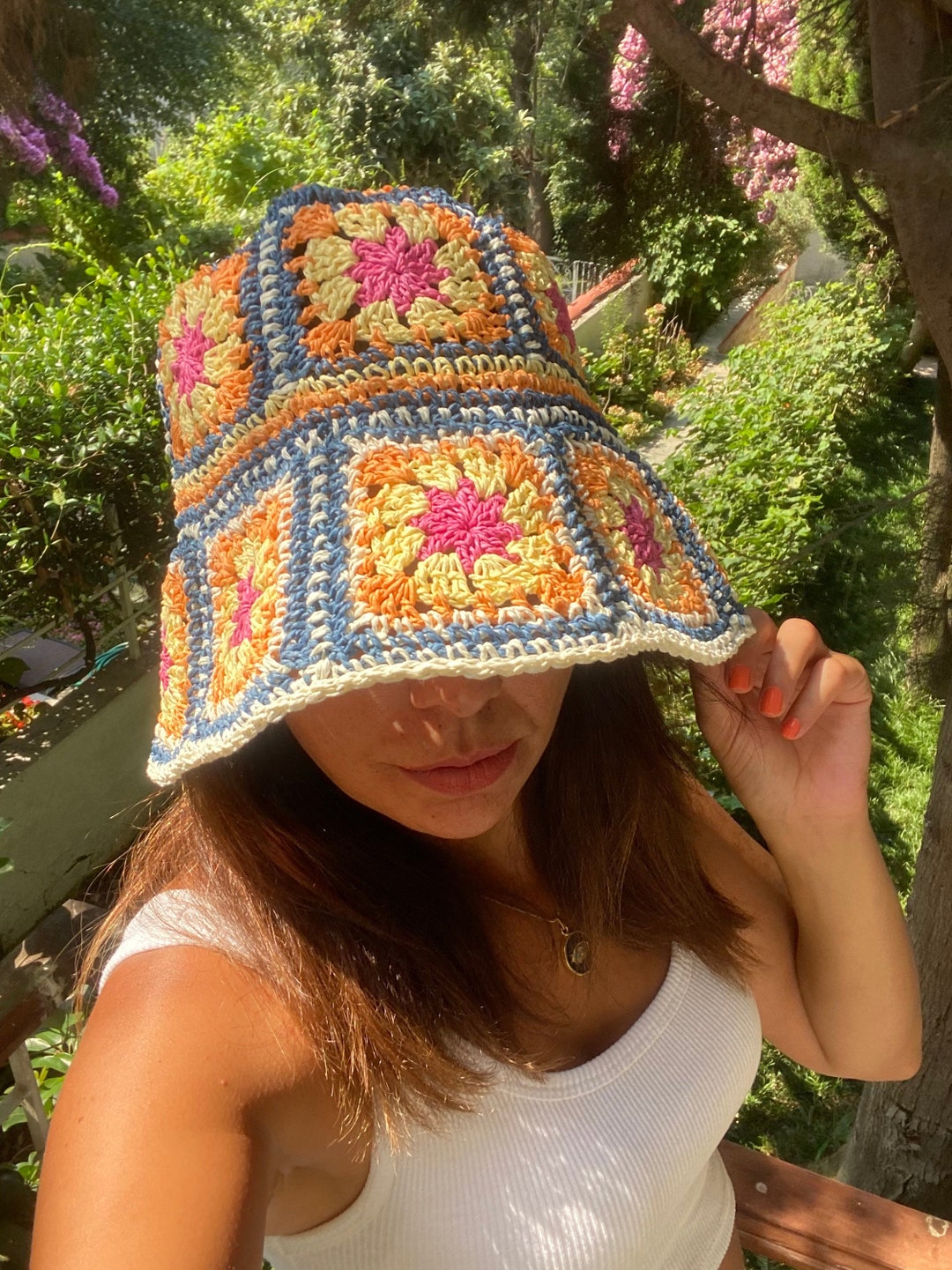 Granny Square Raffia Bucket Hat,handmade Bucket Hat,boho Bucket Hat for ...