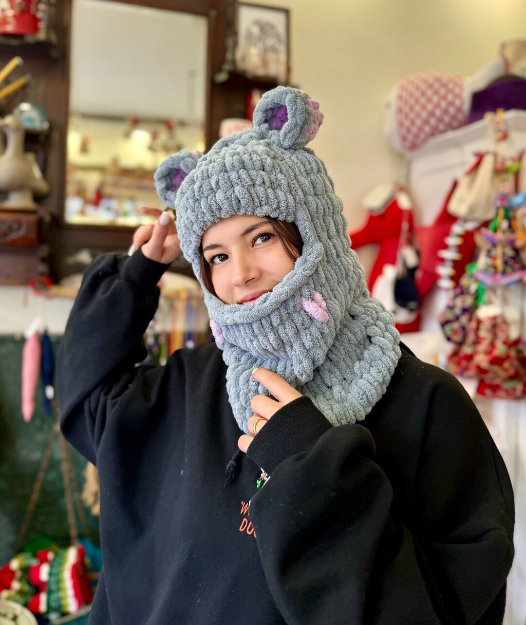 Chunky Knit Bear Balaclava - Soft Fuzzy Ski Mask With Ears - Cozy ...