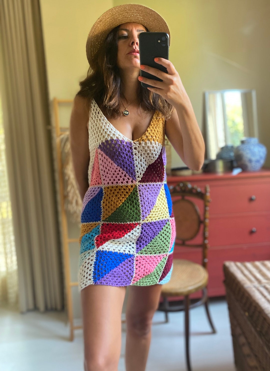 Crochet Mini Dress,crochet Patchwork Dress,mini Tank Dress,colorful ...