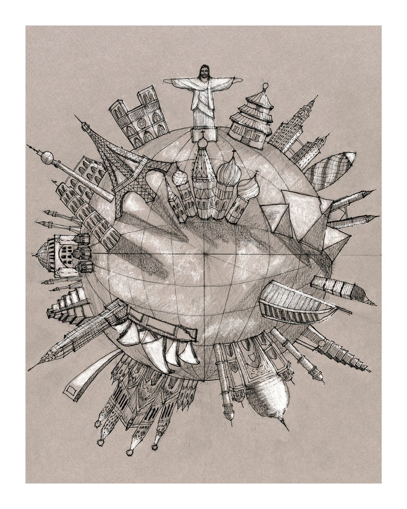 Buildings Around the World Pastel Drawing, Art Print, Perspective ...