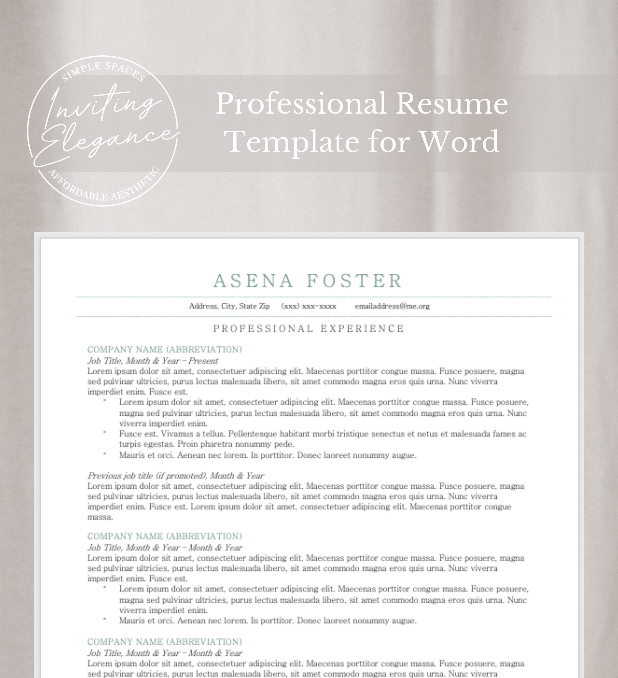 Classy Resume Template for Word 1 Page Resume Template Cover Letter ...