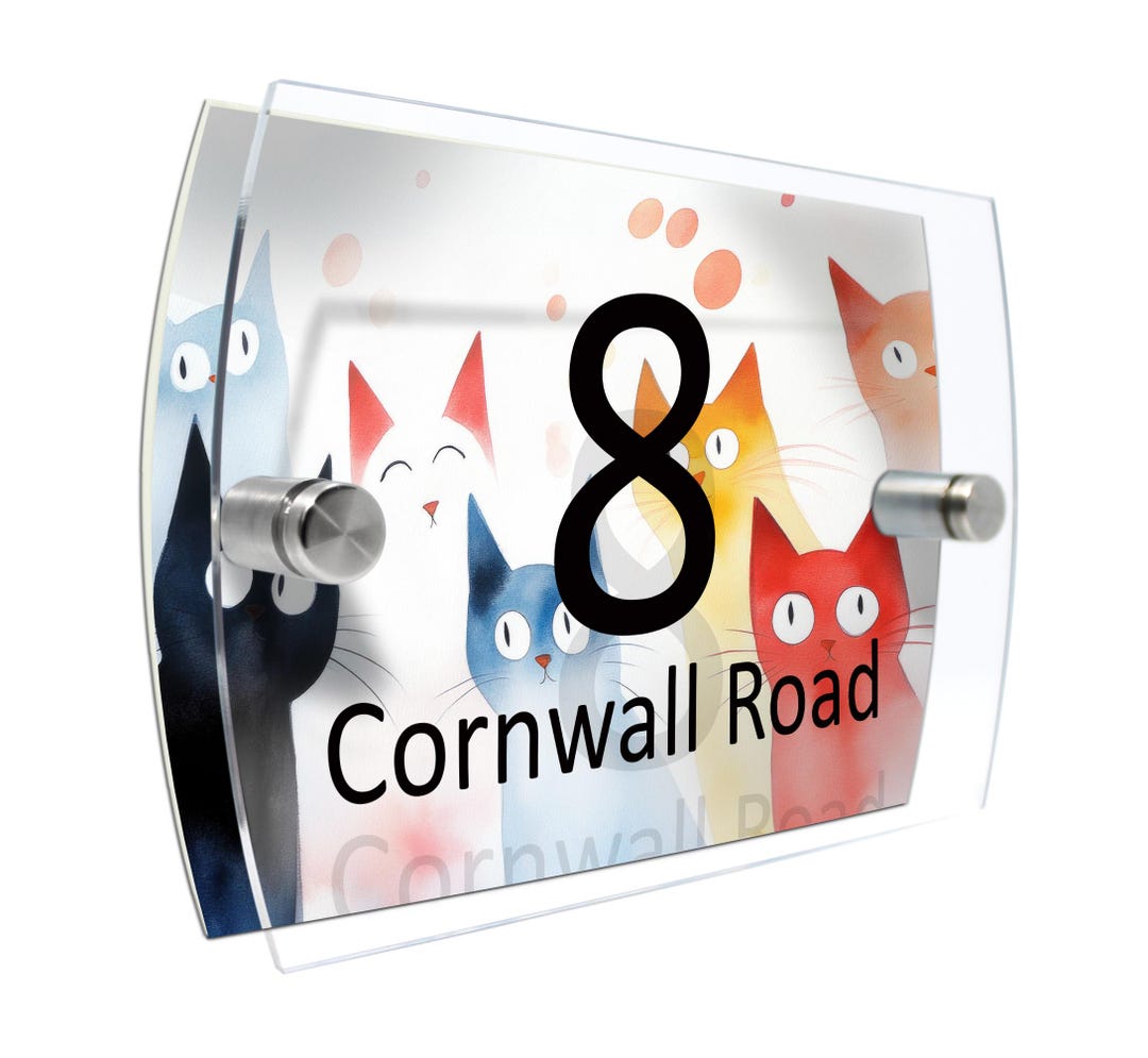 Cartoon Cats Modern House Sign – Watercolor Background – Personalised ...