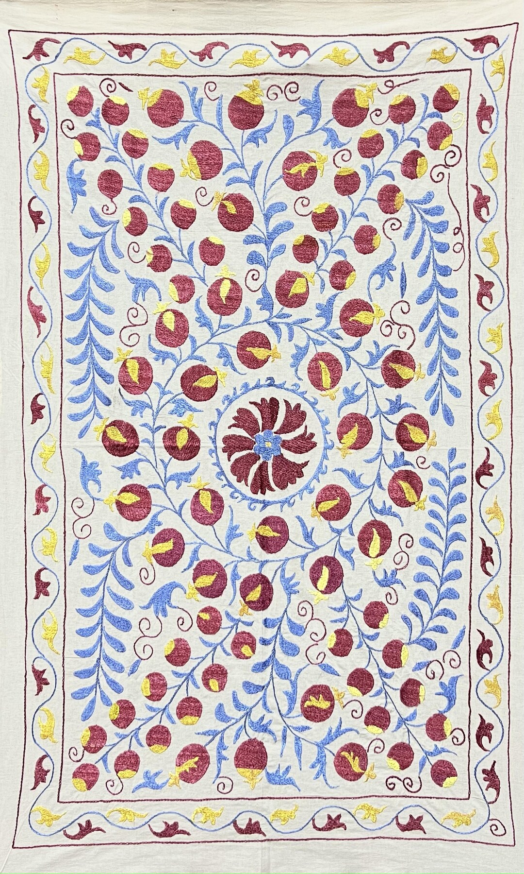 Silk Suzani Throw With Tree &pomegranate Design, Suzani Textile, Blue ...