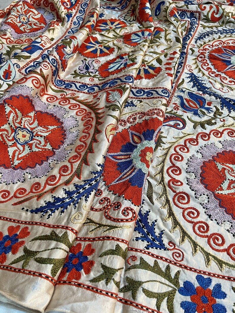 Suzani Throw With Antique Bukhara Design, Suzani Textile, Tablecloth ...