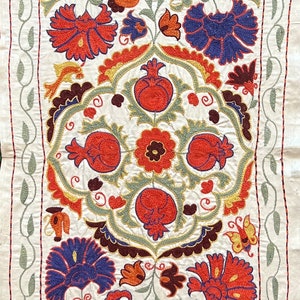Silk Suzani Throw With Pomegranate Design, Suzani Textile, Red & Blue ...