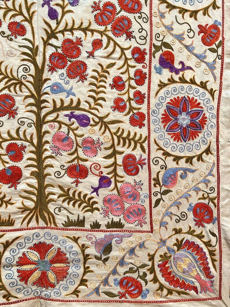 Silk Suzani Throw With Antique Bukhara Design, Suzani Textile, Red ...