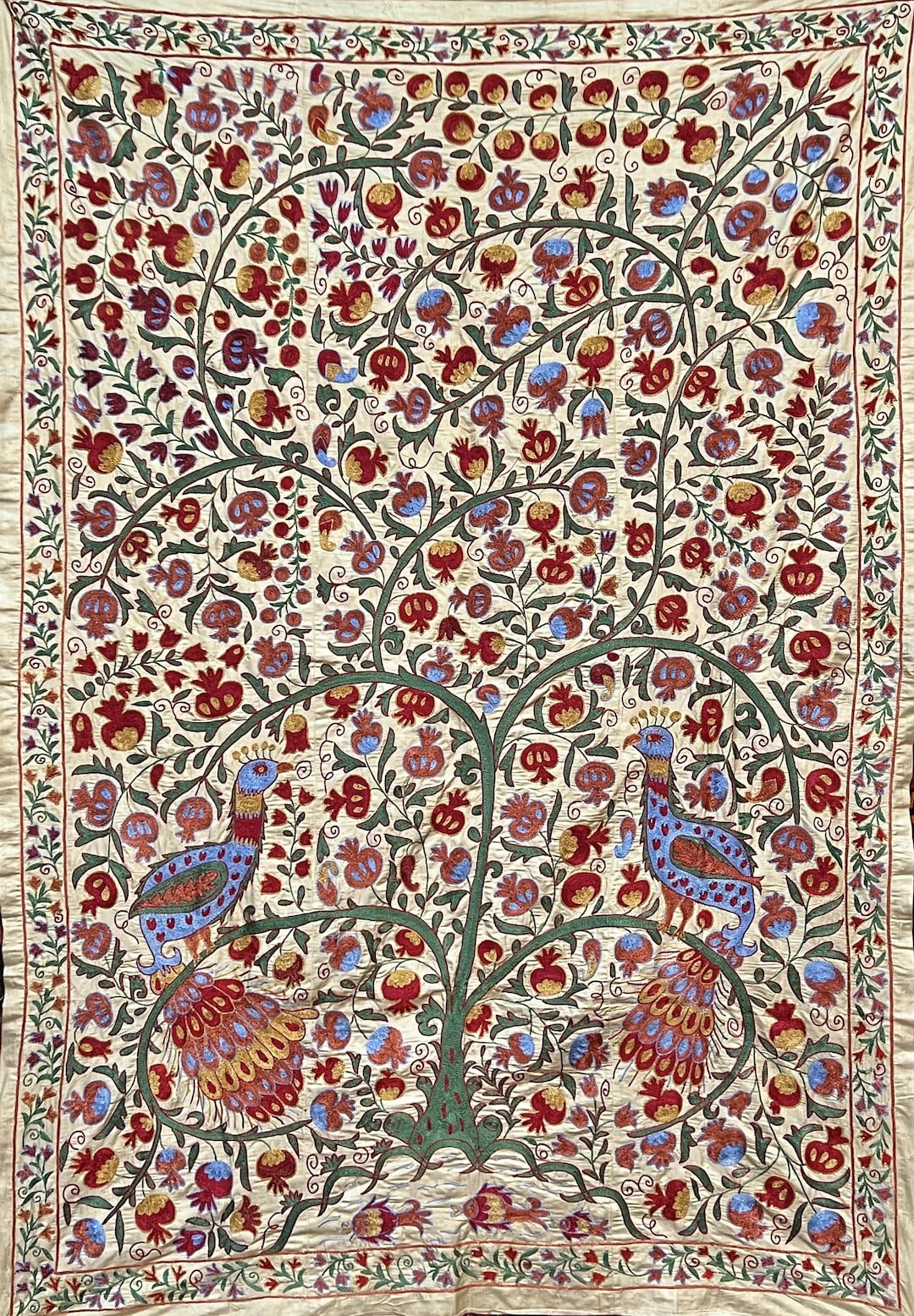 Silk Suzani Throw With Peacock Design, Suzani Textile, Tablecloth ...