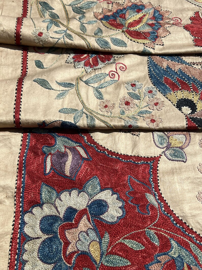 Silk Suzani Throw With Antique Bukhara Design, Suzani Textile, Red ...