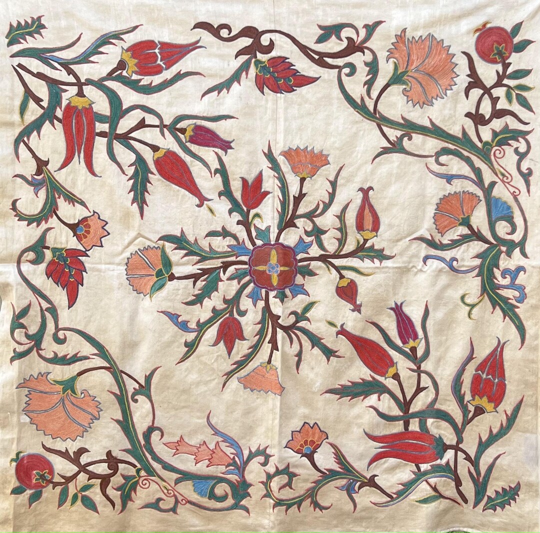 Silk Suzani Throw With Antique Bukhara Design, Suzani Textile, Red ...