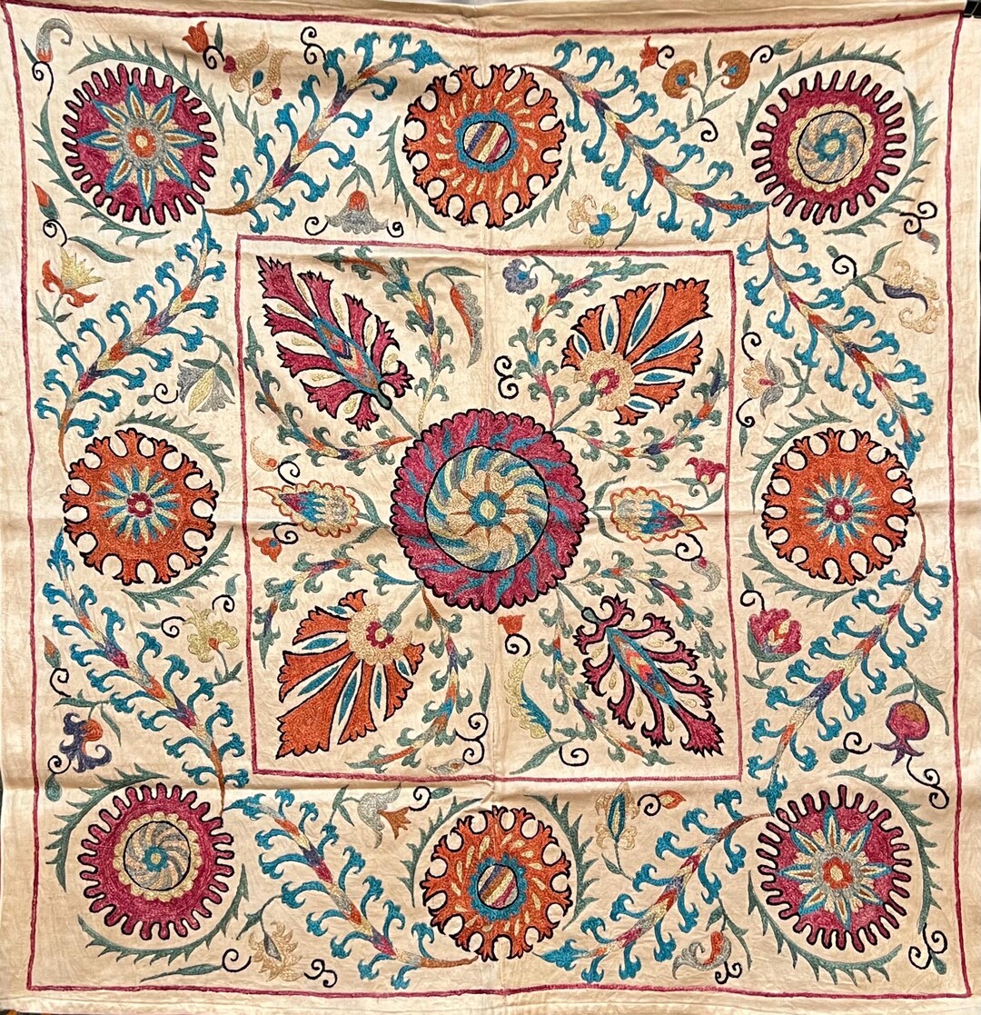 Silk Suzani Throw With Sunflower Design, Suzani Textile, Red & Blue ...