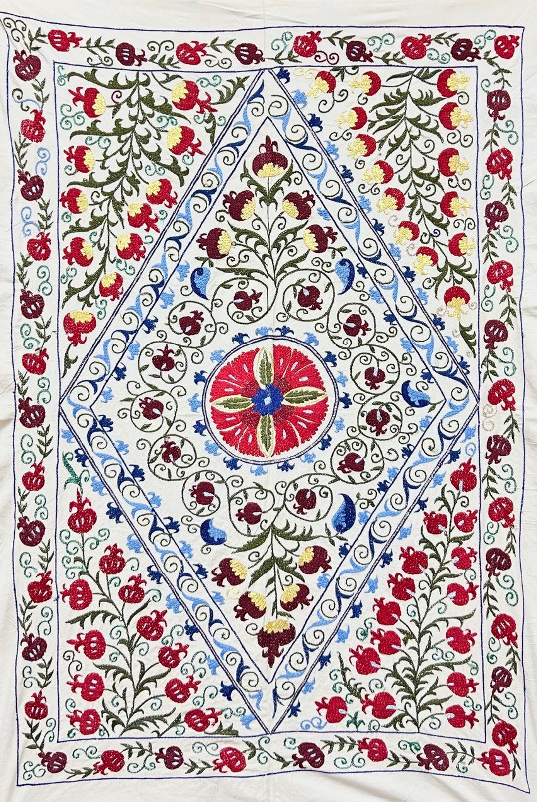 Silk Suzani Throw With Tree &pomegranate Design, Suzani Textile, Blue ...