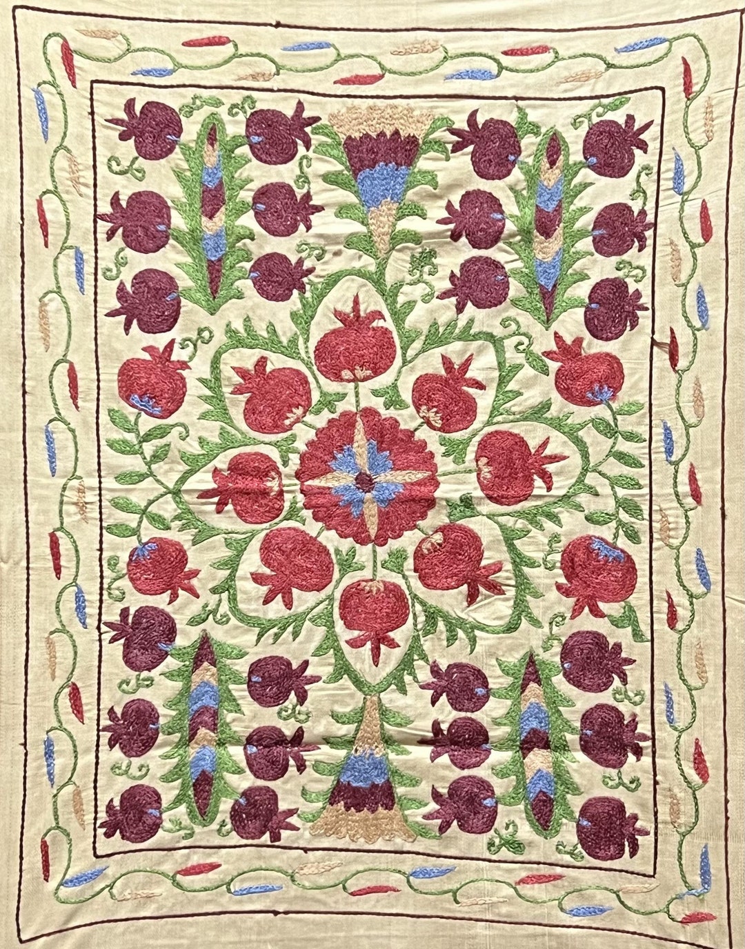 Silk Suzani Table Runner With Pomegranate Design, Suzani Textile, Red & Blue Suzani, Classic ...