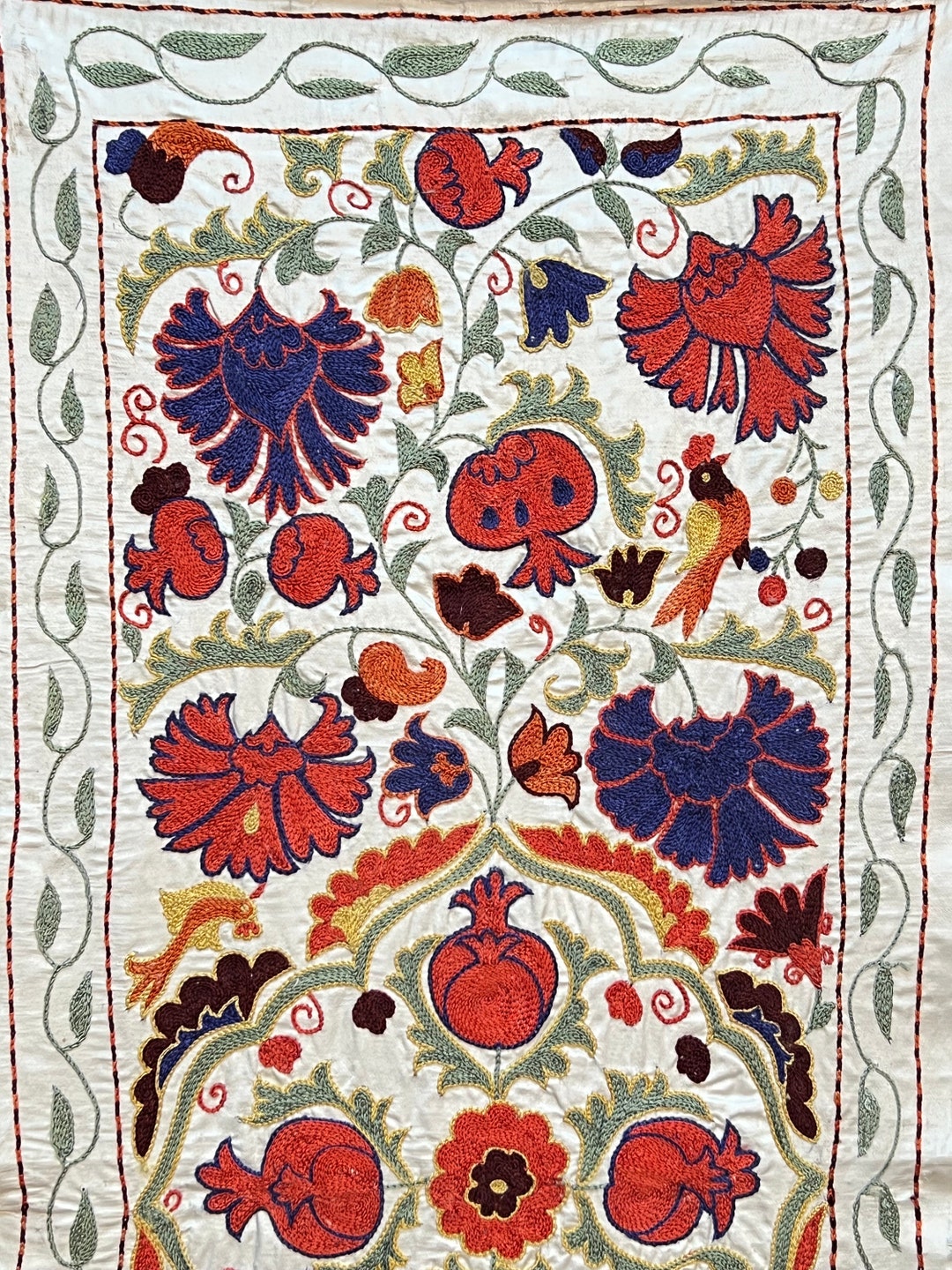 Silk Suzani Throw With Pomegranate Design, Suzani Textile, Red & Blue ...