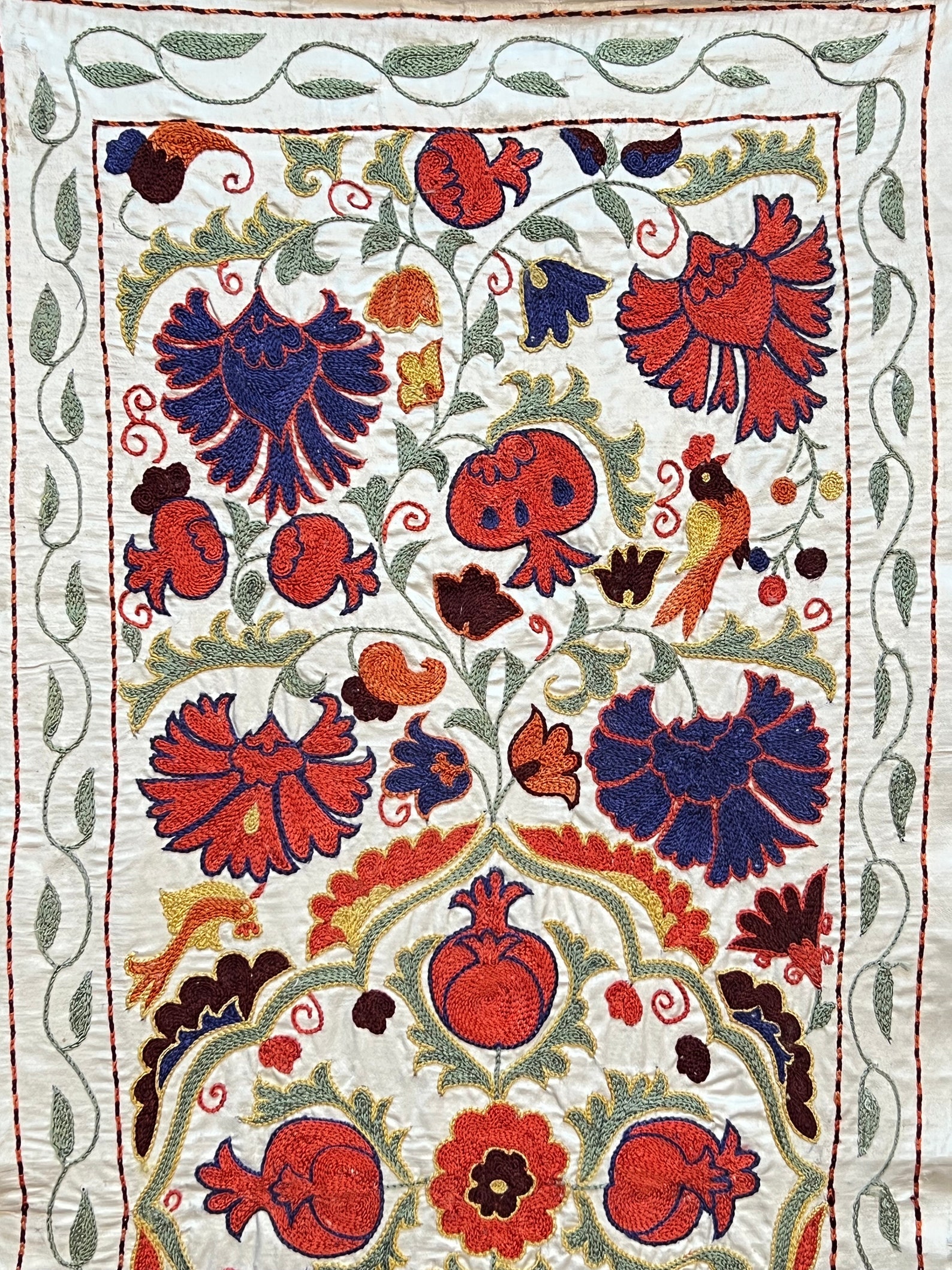 Silk Suzani Throw With Pomegranate Design, Suzani Textile, Red & Blue ...