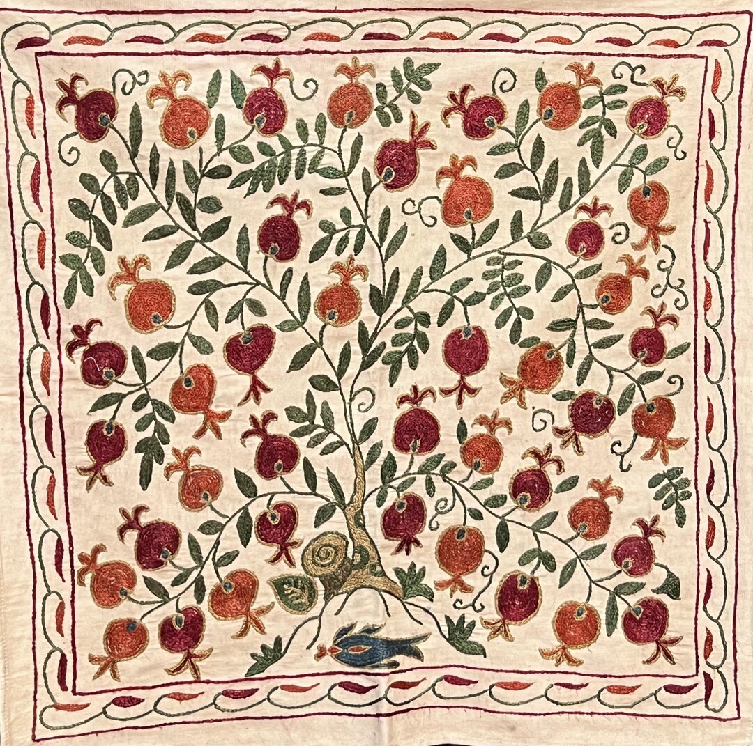 Classic Suzani Throw With Pomegranate Design, Suzani Textile, Red ...