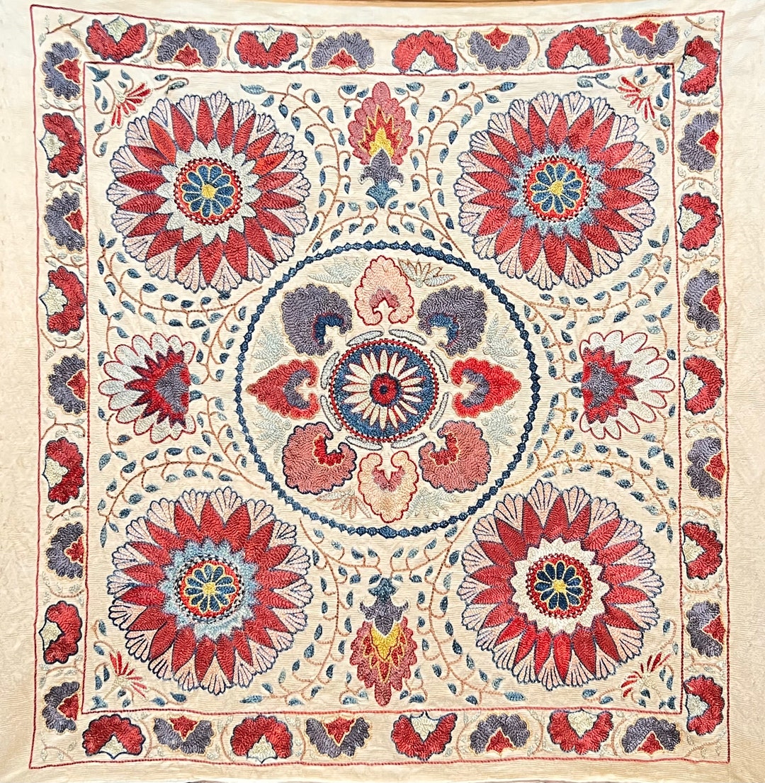 Classic Suzani Throw With Sunflowers Design, Suzani Textile, Red & Blue ...