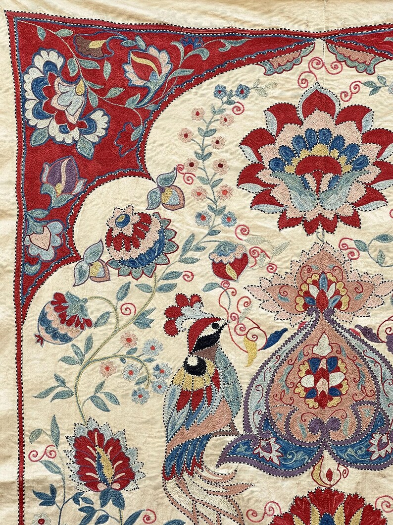 Silk Suzani Throw With Antique Bukhara Design, Suzani Textile, Red ...