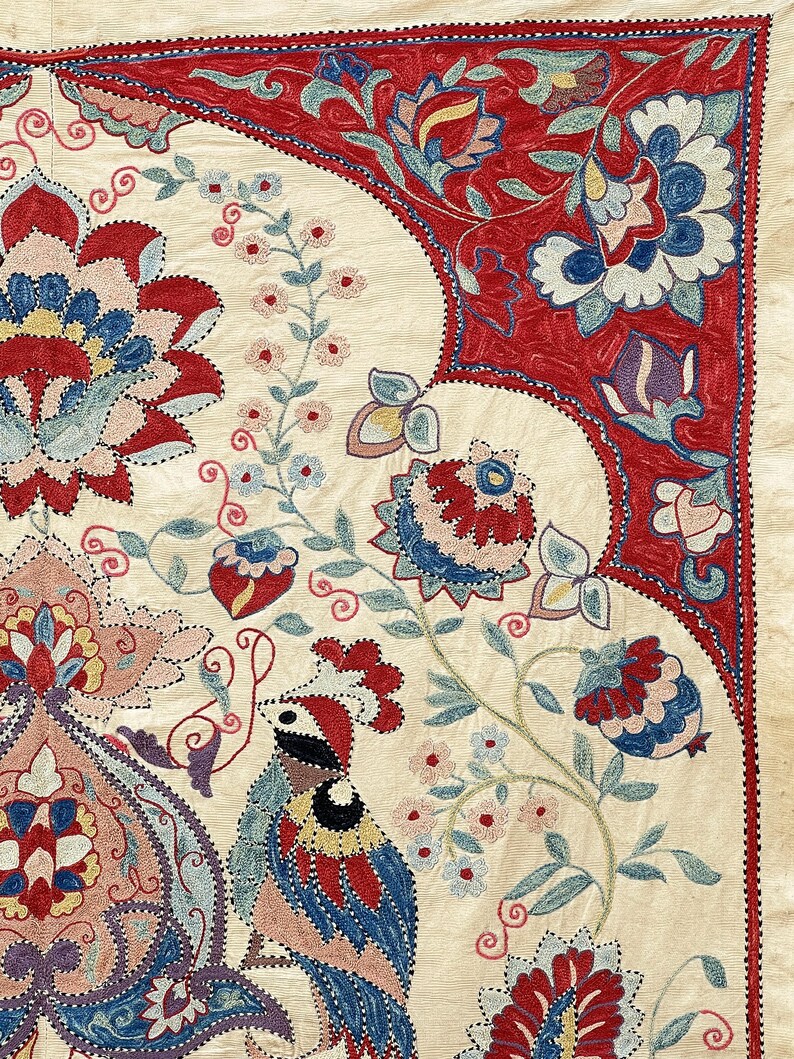 Silk Suzani Throw With Antique Bukhara Design, Suzani Textile, Red ...
