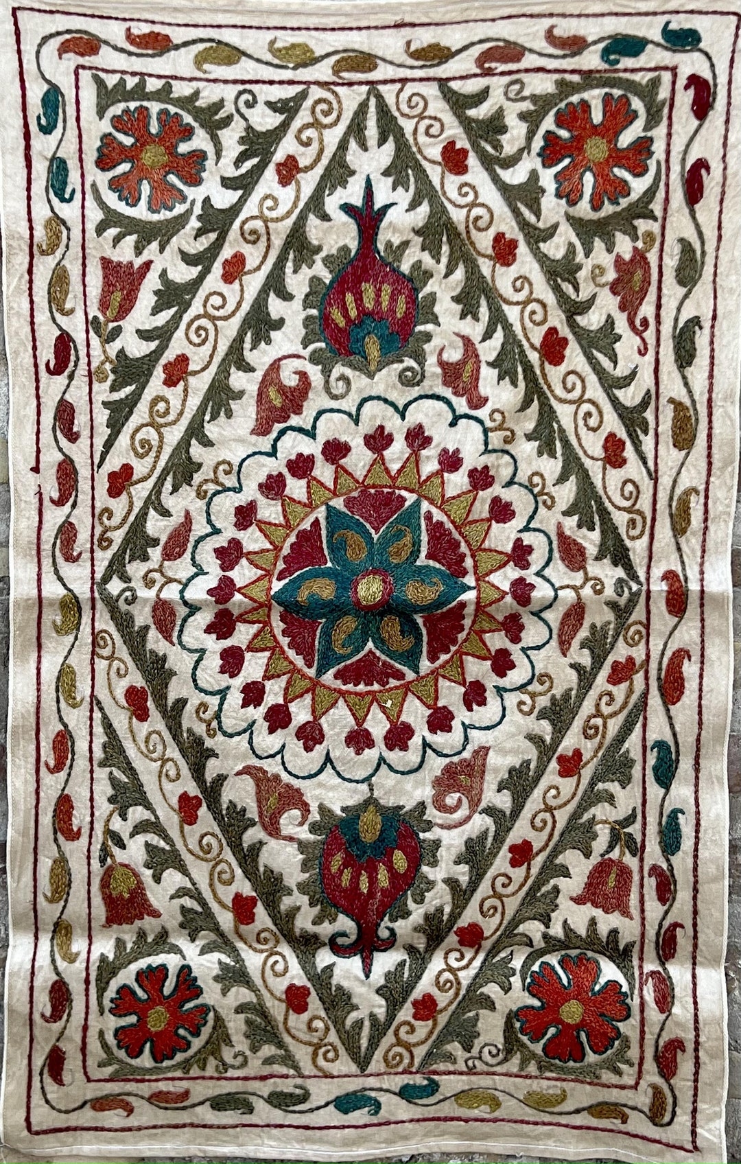 Classic Uzbek Suzani Throw With Pomegranate Design, Suzani Textile, Suzani Table Runner, Classic ...