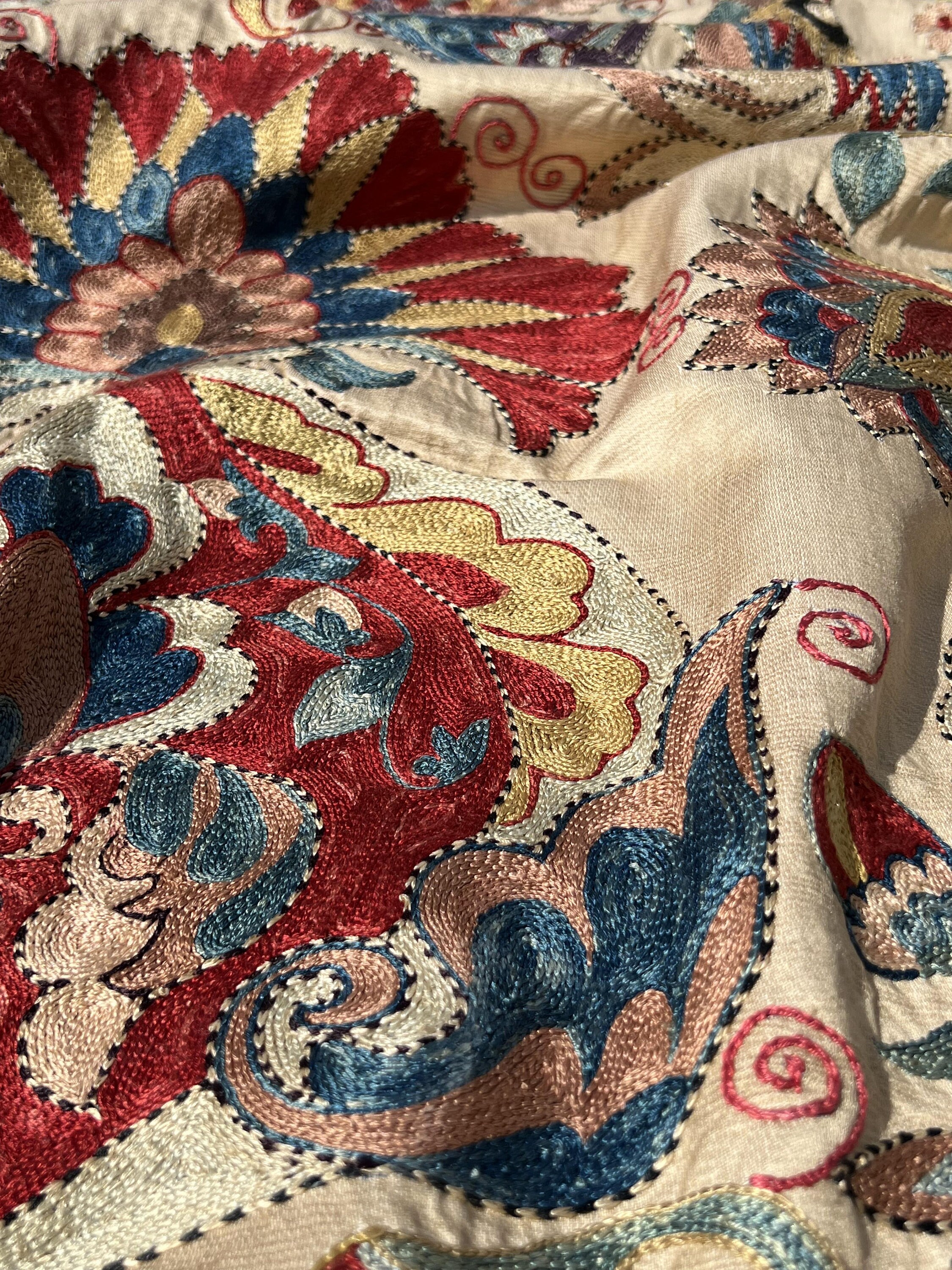 Silk Suzani Throw With Antique Bukhara Design, Suzani Textile, Red ...