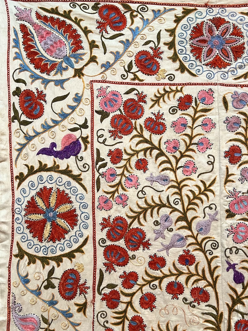 Silk Suzani Throw With Antique Bukhara Design, Suzani Textile, Red ...