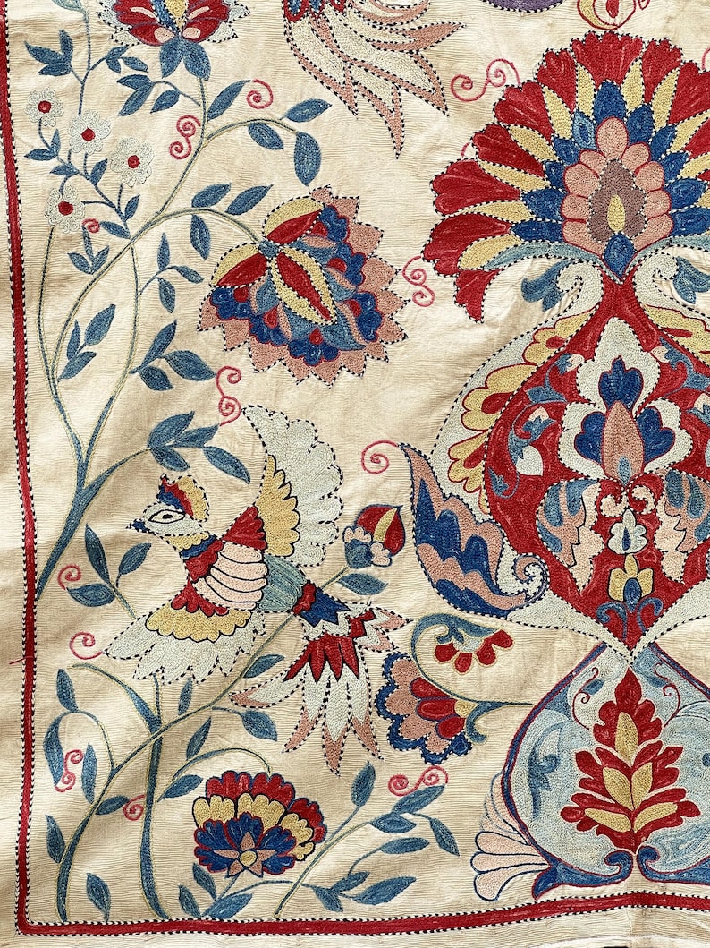 Silk Suzani Throw With Antique Bukhara Design, Suzani Textile, Red ...