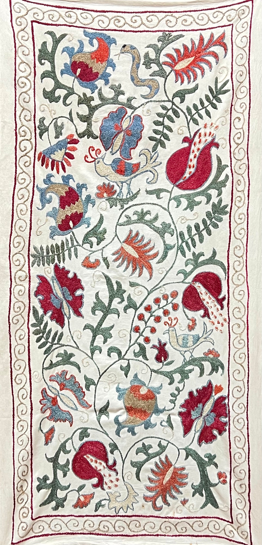 Silk Suzani Throw With Pomegranate Design, Suzani Textile, Red & Blue ...